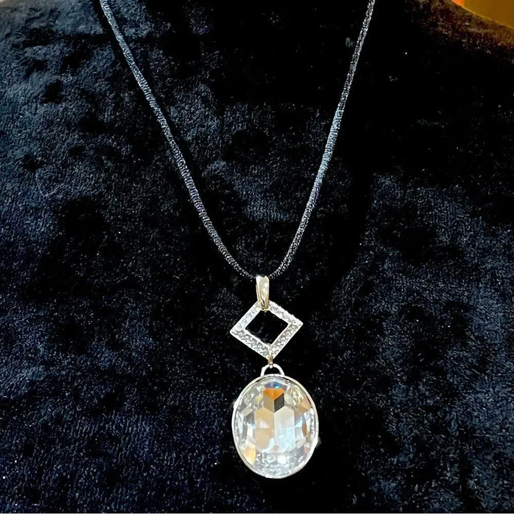 Jewelry | Clear Crystal Pendant Necklace Cz Black String With Silver ...